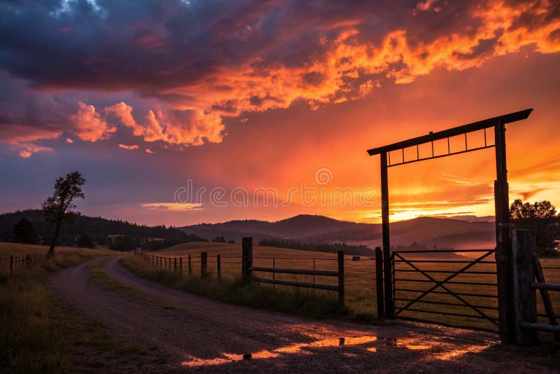 Dramatic Ranch Gate Silhouetted Against Fiery Orange Sunset, Creating ...