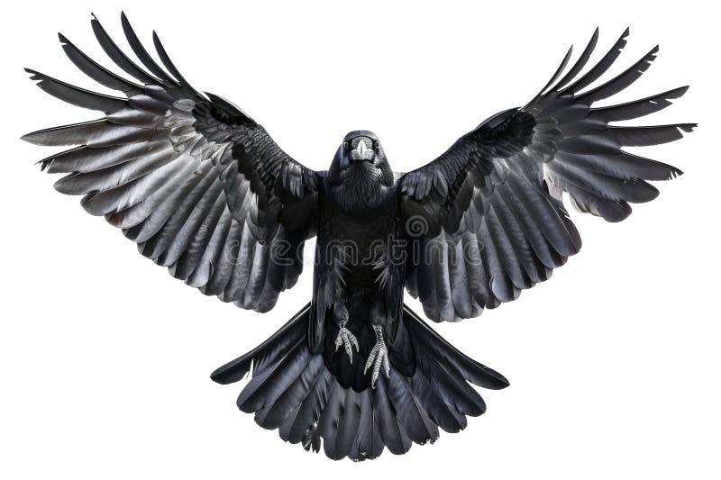 Dramatic Raven with Fully Outstretched Wings in Mid-Flight on a Clean ...