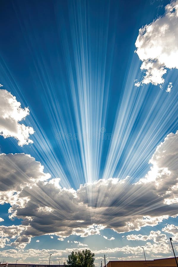 Dramatic Rays of Sunlight Breaking through Clouds in a Vibrant Blue Sky ...