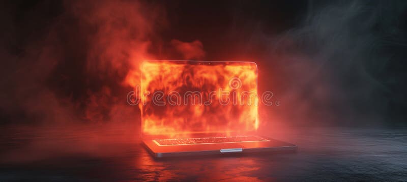 Fiery Laptop Engulfed in Smoke on Dark Background, Realistic Scene ...