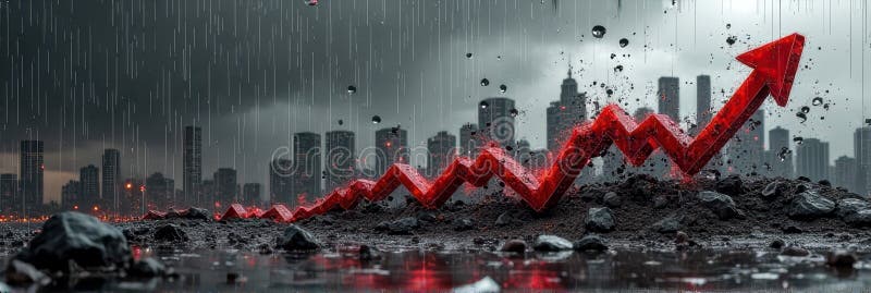 Dramatic Red Arrow Graph Ascending Amidst Rainy Urban Skyline Stock ...