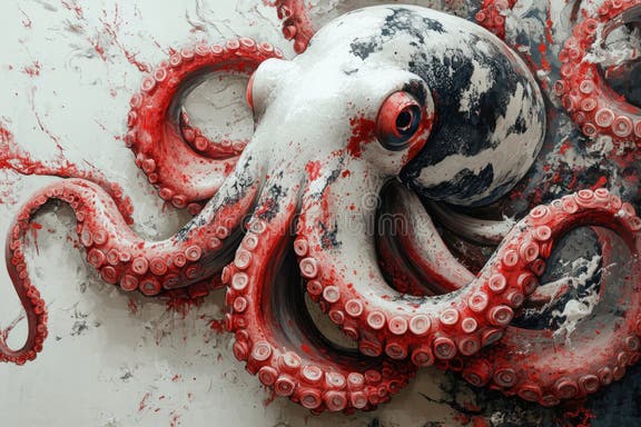 Dramatic Red and Black Illustration of an Octopus in Dynamic Motion ...
