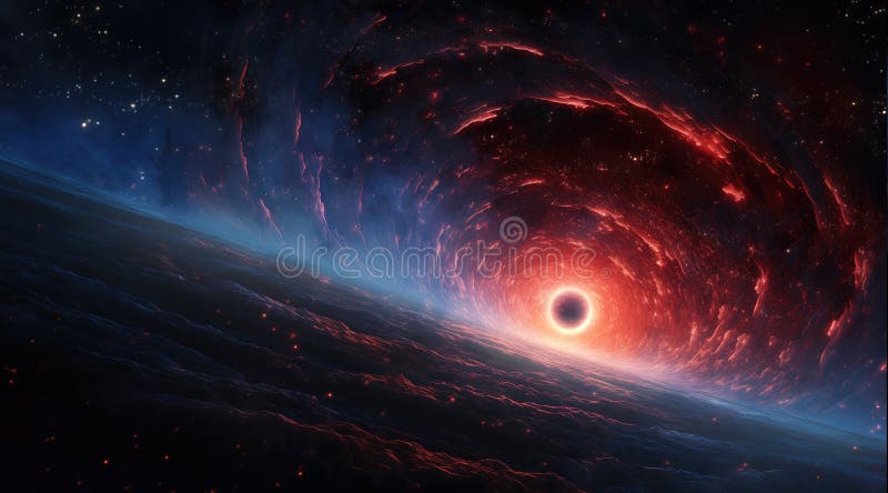 Dramatic Red Cosmic Vortex Over Horizon with Black Hole in Deep Space ...