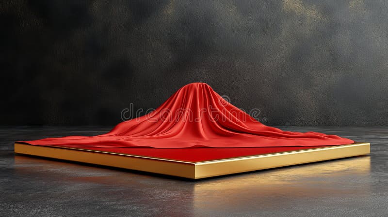 Dramatic Red Fabric Drape Over Mysterious Object on Gold Platform Stock ...