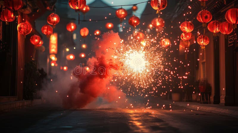 Dramatic Red Firecracker Explosion Amidst Lanterns in Evening Scene ...