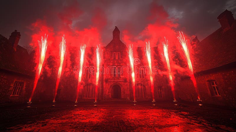 Dramatic Red Fireworks Display at Historic Stone Castle at Night Stock ...