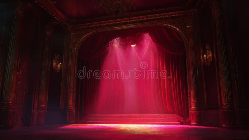 Dramatic Red and Gold Theater Stage with Spotlights Stock Illustration ...