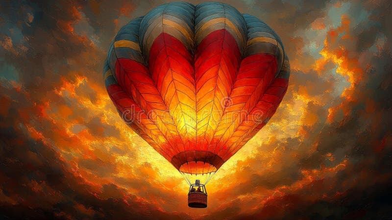 Dramatic Red Hot Air Balloon Over Fiery Sunset Sky Stock Illustration ...