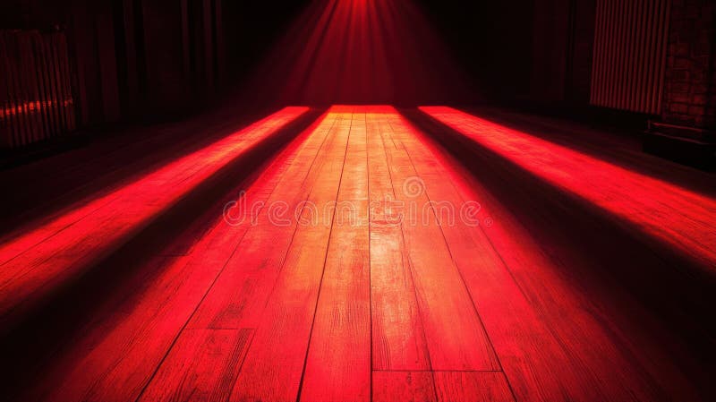 Dramatic Red Light Shining on Wooden Floor in Dark Room Concept Stock ...