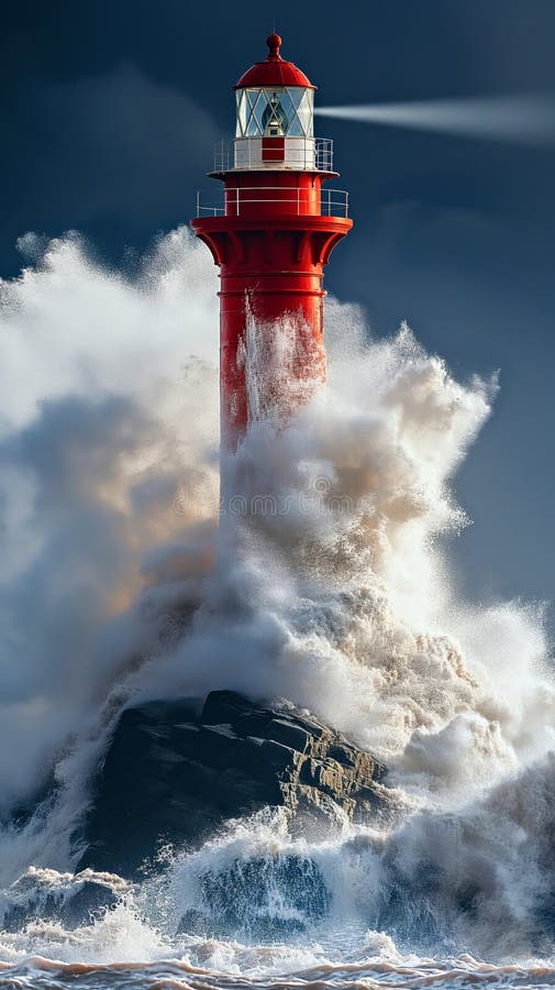 Dramatic Red Lighthouse Amidst Powerful Ocean Waves and Dark Sky ...