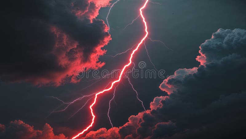 Dramatic Red Lightning Streaks Across Dark Sky Powerful and Visually ...
