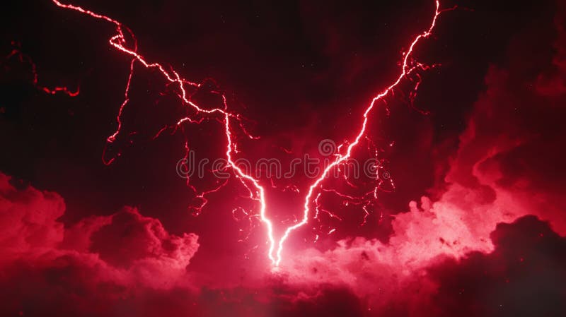 Dramatic Red Lightning Strike through Dark Cloudscape Intense Weather ...