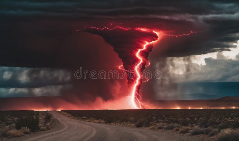 A Red Lightning Strike Illuminates the Dark Sky Over a Desert Road ...