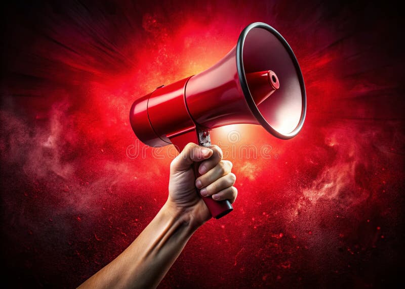 Dramatic Red Megaphone Held in Hand Against a Striking Red Background a ...