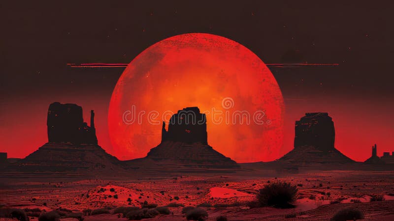 A Dramatic Red Moon Sets Over a Desert Landscape Stock Illustration ...
