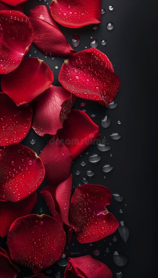 Dramatic Red Rose Petals with Water Droplets on Black Surface, Creating ...