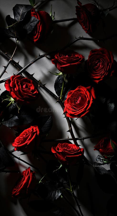 Dramatic Red Roses with Dark Leaves and Thorns in Moody Lighting Stock ...