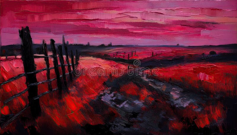 Dramatic Red Sky Above Desolate Pathways Stock Illustration ...