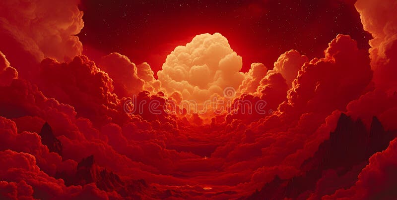 Dramatic Red Sky Landscape with Massive Clouds and Mountains at Sunset ...