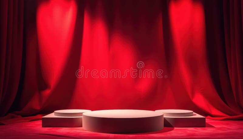 Dramatic Red Stage with Curtains and Three Tiered Podium Illuminated by ...