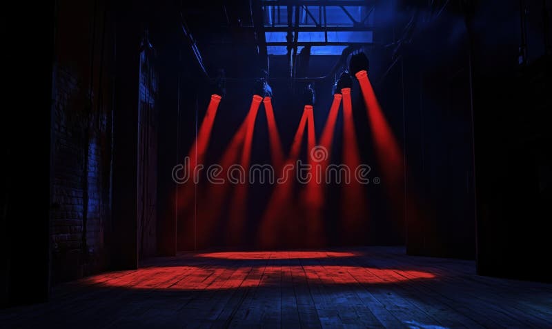 Dramatic Red Stage Lighting in Empty Warehouse Space with Wooden Floor ...
