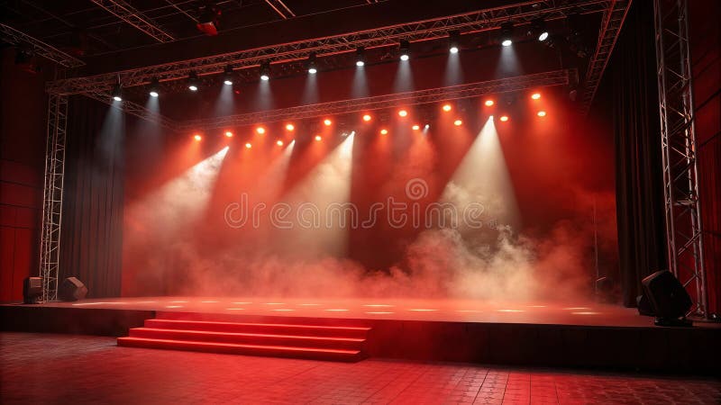 Dramatic Red Stage with Misty Lighting in a Modern Theater Stock Photo ...