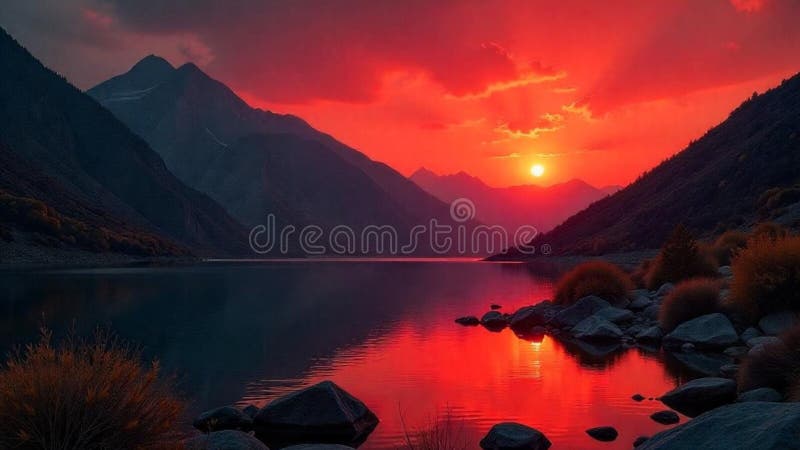 A Dramatic Red Sun Setting Over a Rocky Mountain Landscape Stock ...