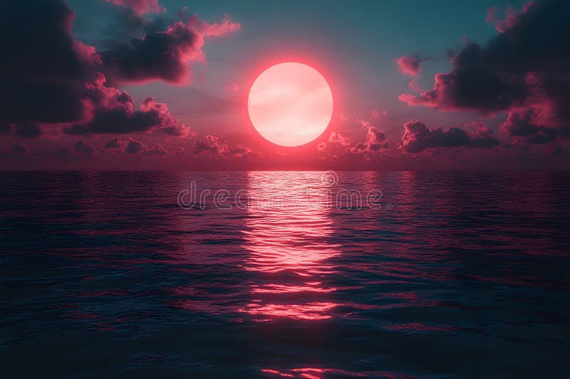 Dramatic Red Sunset Over Ocean with Reflective Waterscape for Tranquil ...