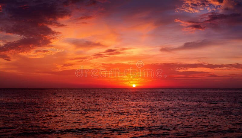 Dramatic Red Sunset Over the Sea Stock Illustration - Illustration of ...