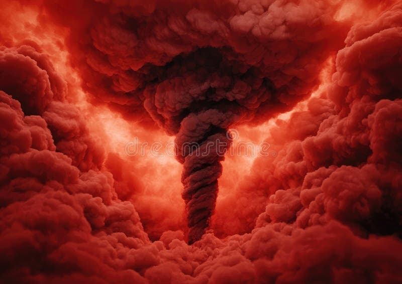 A Dramatic Red Tornado Twisting through Ominous Clouds, Creating a Powerful and Striking Visual ...