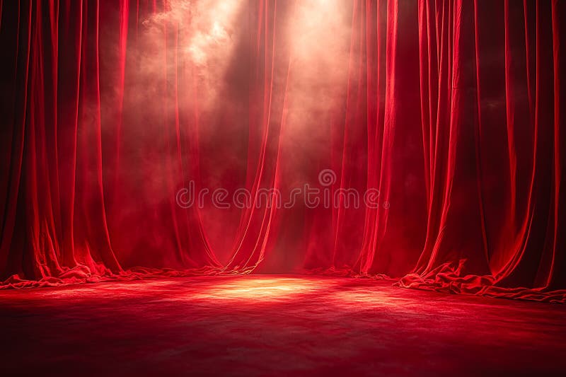 Dramatic Red Velvet Curtains and Stage with Fog and Spotlight Effect ...
