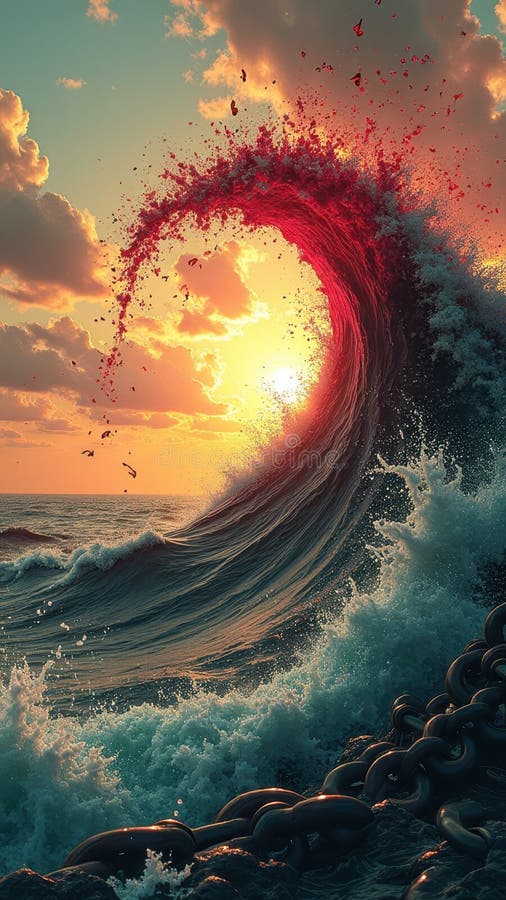 Dramatic Red Wave Splashing at Sunset with Chained Sea Scene Stock ...