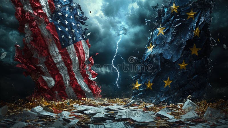Dramatic Representation of Usa and Eu Trade Conflict with Torn Flags ...