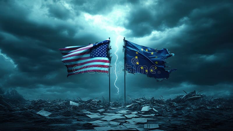Dramatic Representation of Usa and Eu Trade War with Flags in Stormy ...