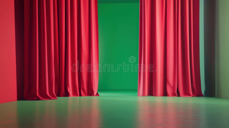 Dramatic Reveal Red Curtains on a Green Stage High Contrast Interior ...