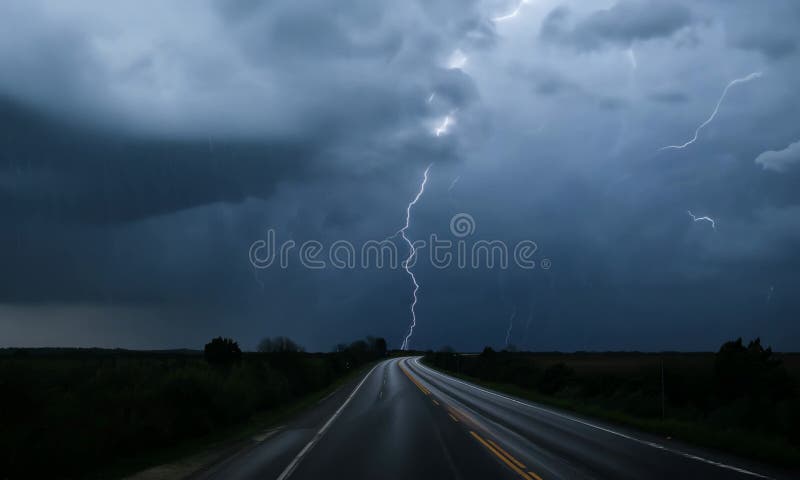 Dramatic Road with Distant Lightning and Storm Clouds Stock Footage ...