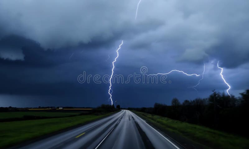 Dramatic Road with Distant Lightning and Storm Clouds Stock Footage ...