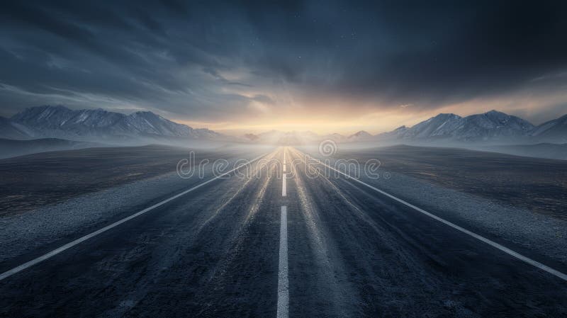 A Dramatic Road Leading To Mountains Under a Moody, Cloudy Sky with ...