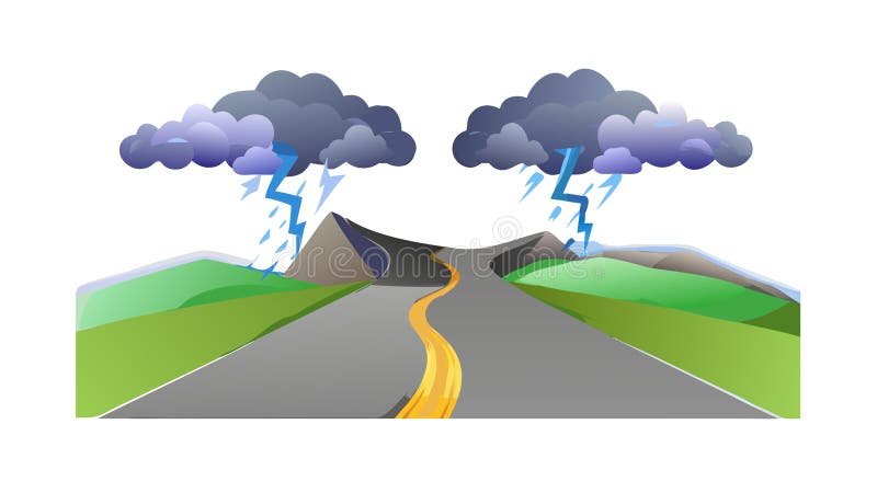 Vector Illustration of the Road through the Stormy Sky with Lightning ...
