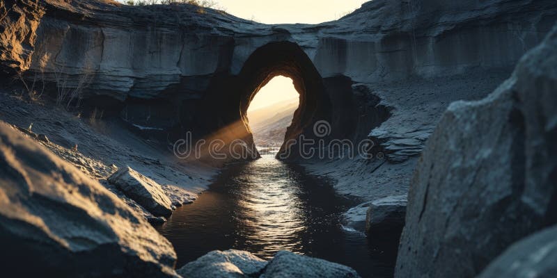 Dramatic Rock Formation with Dark Tunnel and Water. Stock Image - Image ...