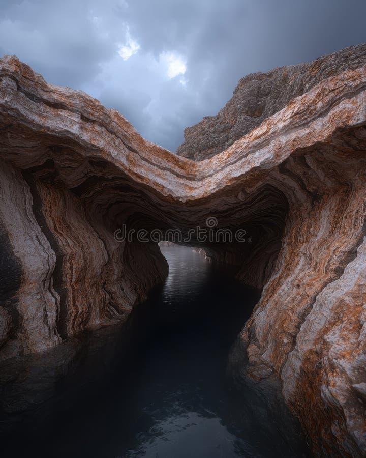 Dramatic Rock Formation with Dark Tunnel and Water Stock Illustration ...