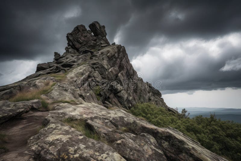 Dramatic Rock Outcropping with Stormy Sky Above Stock Illustration ...