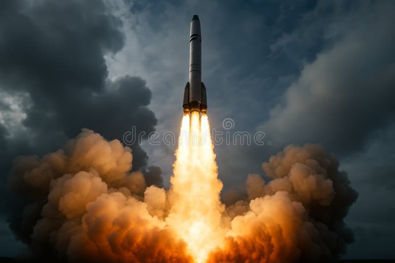 A Dramatic Rocket Launch Illuminates a Dark and Stormy Sky with Its ...
