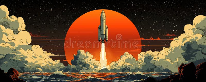 Dramatic Rocket Launch from Ocean Against a Vibrant Sunset Stock Photo ...