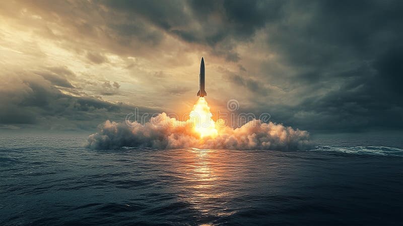 Dramatic Rocket Launch Over the Ocean at Sunset Under Stormy Sky Stock ...