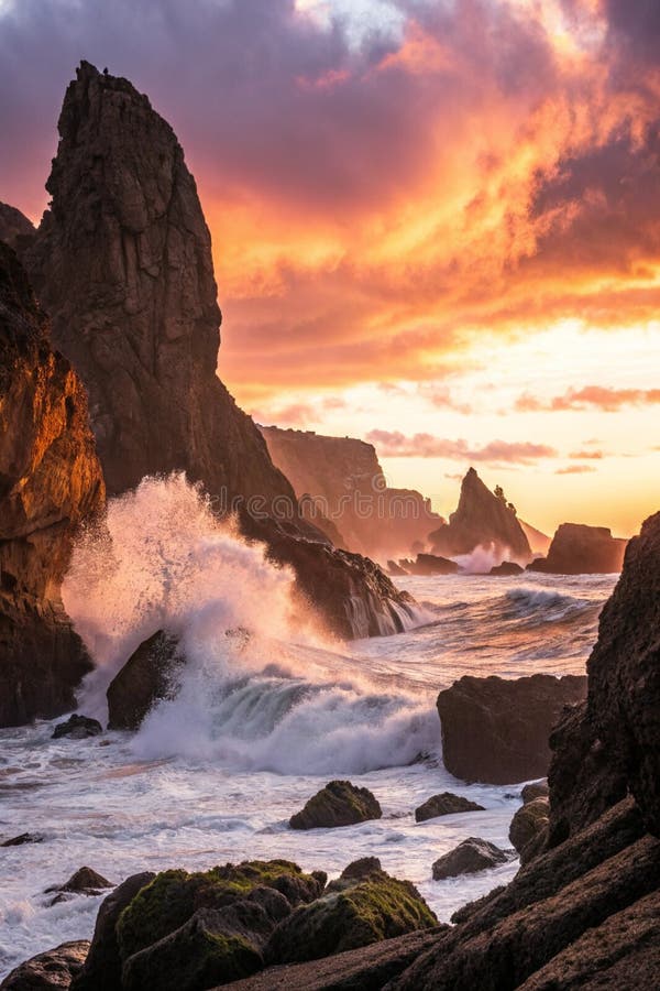 Dramatic Rocks and Ocean Waves at Sunset Stock Illustration ...