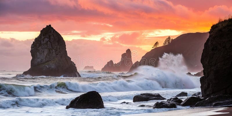 Dramatic Rocks and Ocean Waves at Sunset Stock Illustration ...