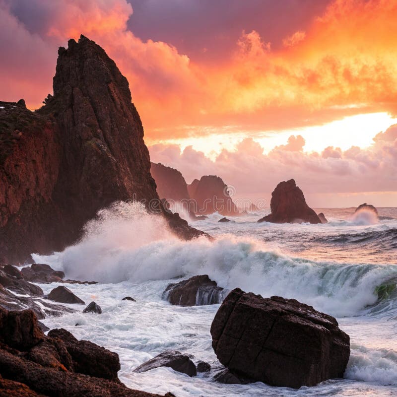 Dramatic Rocks and Ocean Waves at Sunset Stock Illustration ...