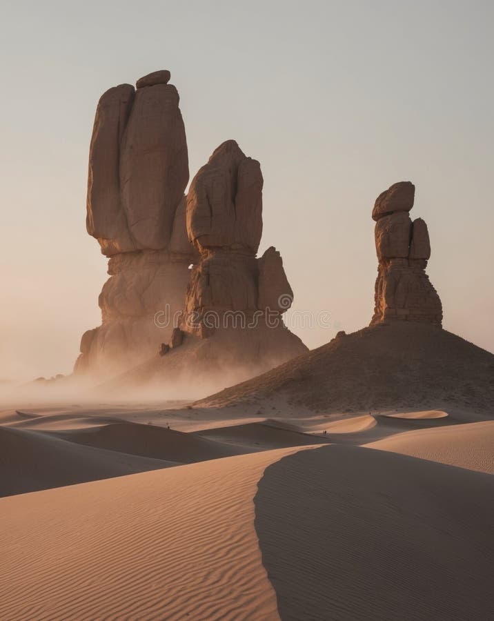 Dramatic Rocky Formations Rise from a Misty Desert Landscape at Dawn ...