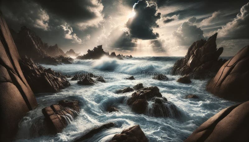 Dramatic Rocky Ocean Shoreline with Powerful Waves and Moody Clouds ...